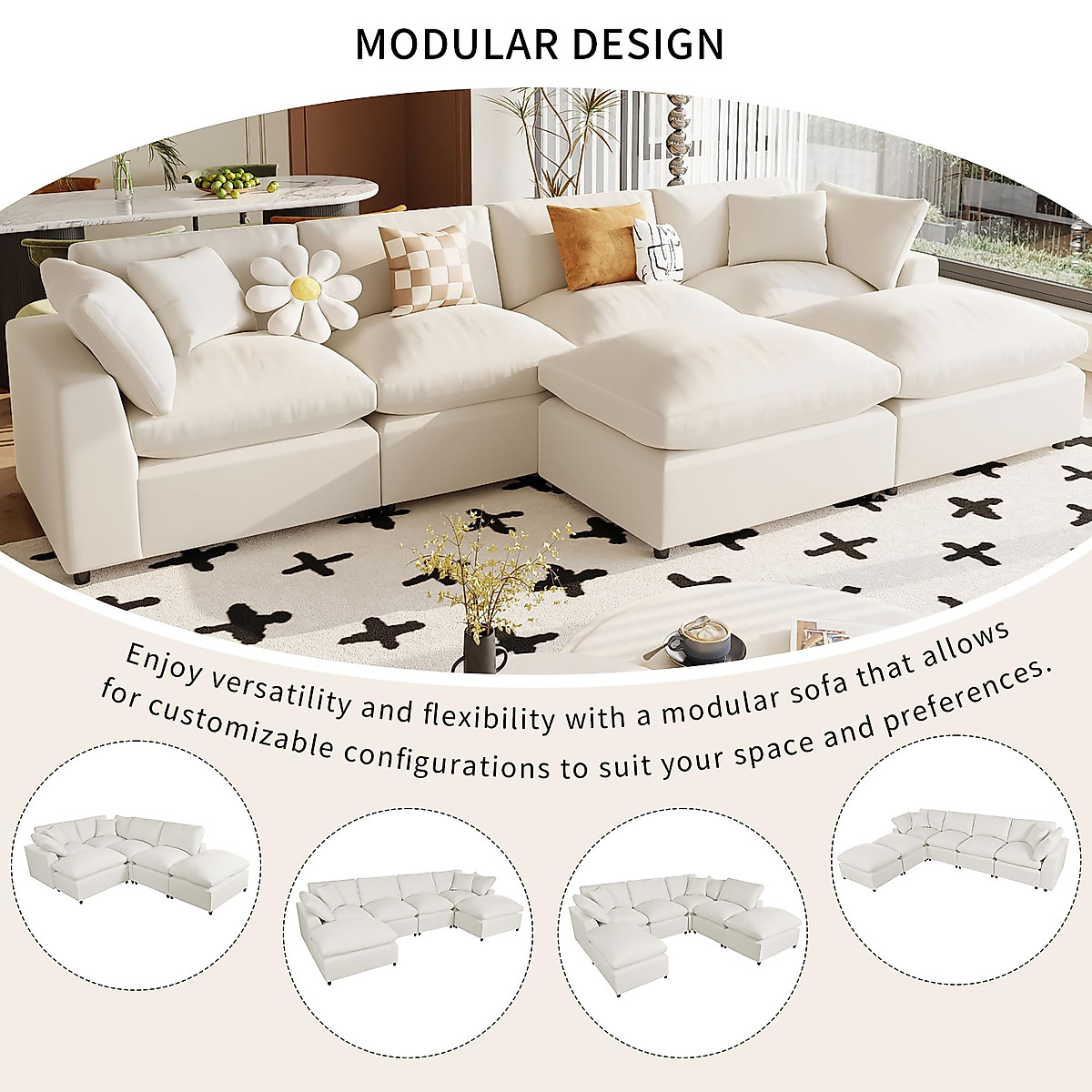 VASOENY 134.4 X 59.1'' U Shape Modular Sectional Sofa, Oversized Polyester Fabirc L Shaped Couch, Modern 6 Seat Corner Sofa Couch with 2 Removable Ottomans for Living Room, Office