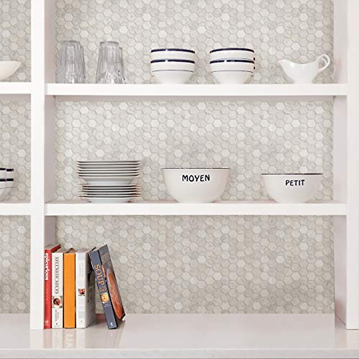In Home InHome NH2359 Hexagon Marble Peel Stick Backsplash Tiles, White & Off-White