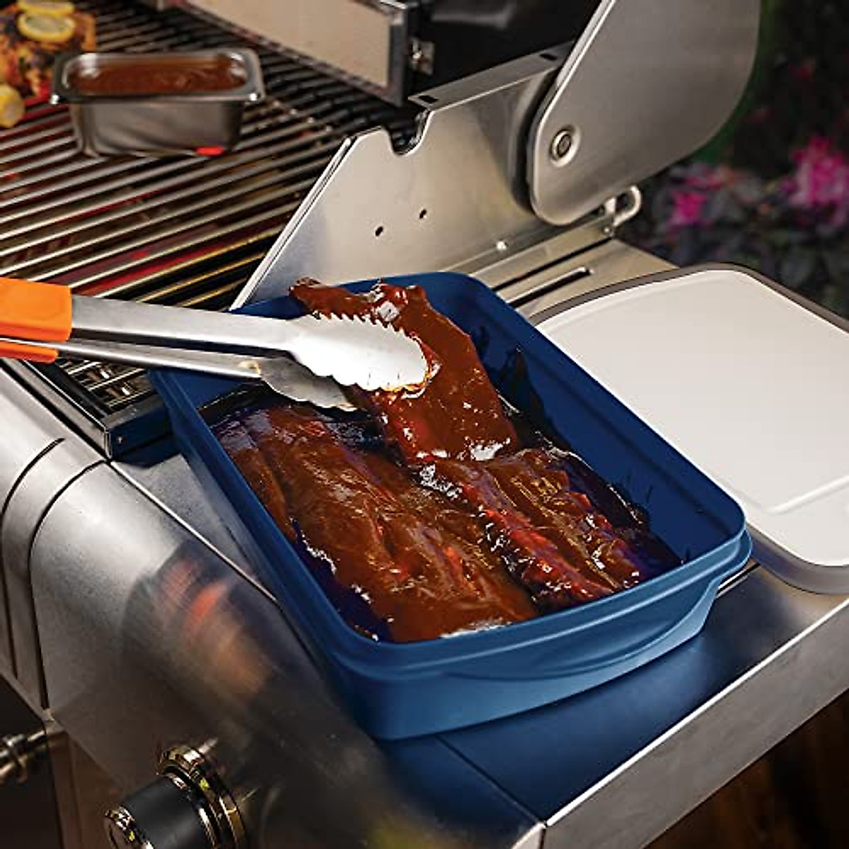 Mr. Bar-B-Q BBQ Food Prep, Store & Marinade Tray Set Includes Built-in Cutting Board That Snaps into Lid & Marinade Container for Marinating Meat for All Your Grilled Barbecue