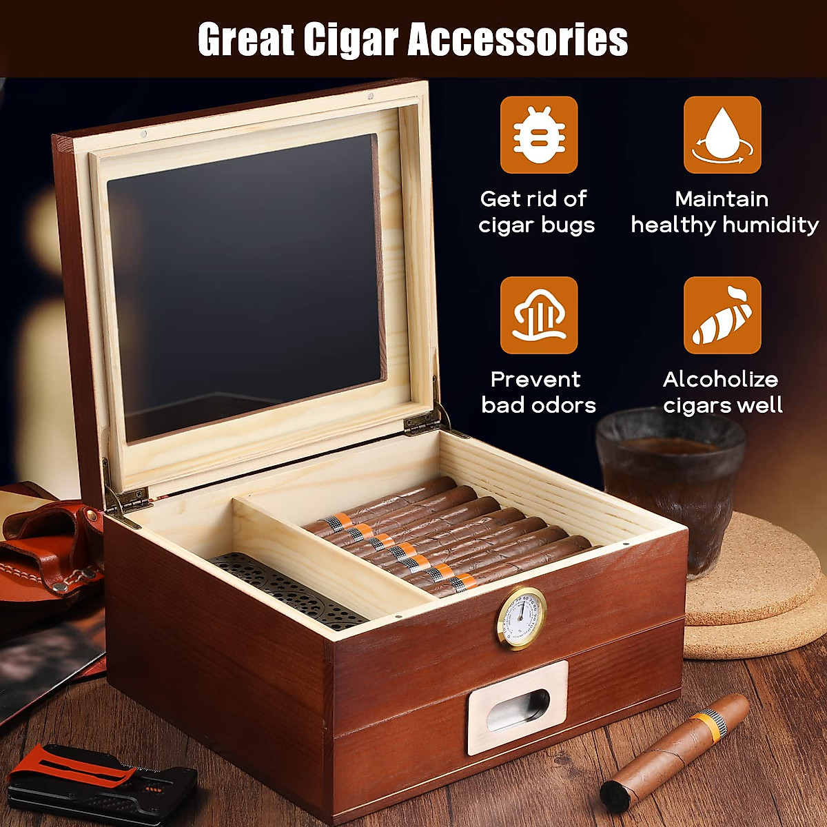 Glass Top Cedar Humidor with Front Hygrometer, Humidifier, Divider, and Accessory Drawer, Desktop Cedar Wood Cigar Box Holds 20-30 Cigars, Cigar Accessories for Men
