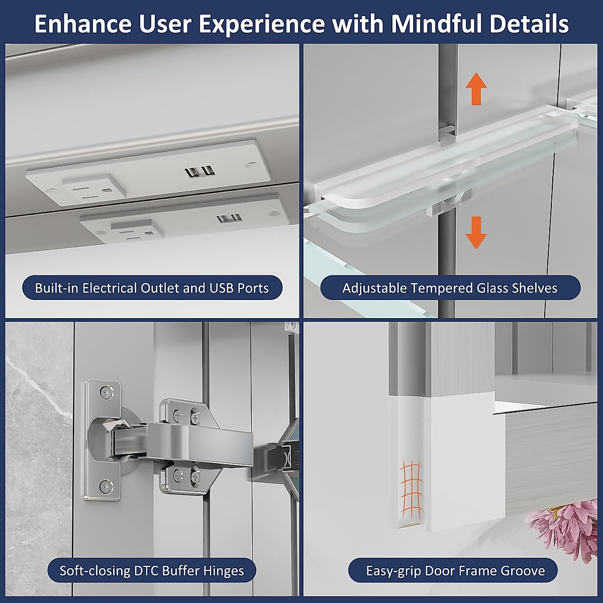Lighted Medicine Cabinet with Mirror 36×30 Inch, Surface or Recessed Medicine Cabinet with Lights, Clock&Temp Display, Defogger, Dimming, LED Bathroom Medicine Cabinet with Built-in Outlet & USB Ports