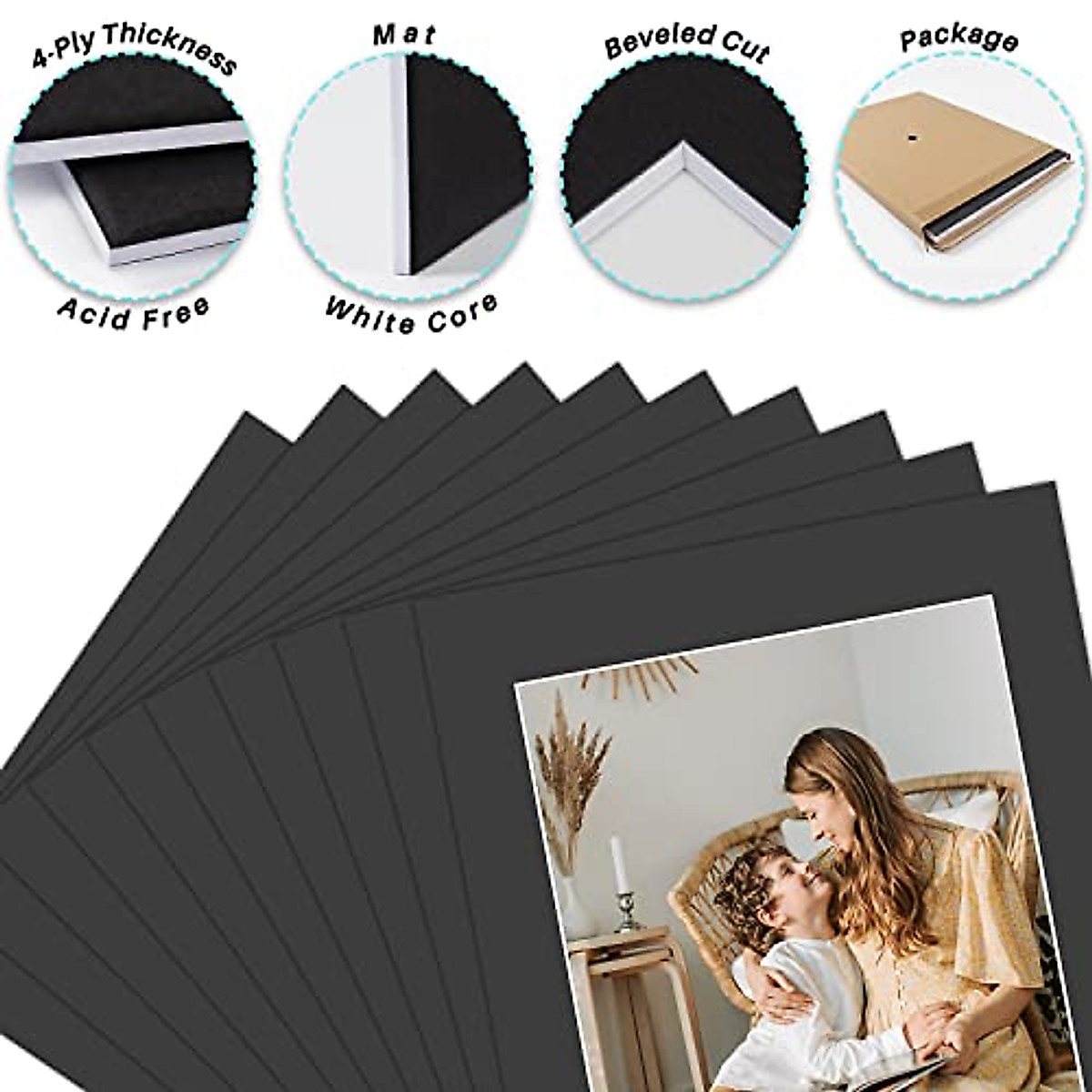 Golden State Art, Acid Free, Pack of 10 Black Pre-Cut 11x14 Picture Mat for 8.5x11 Photo with White Core High Premier Bevel Cut Mattes