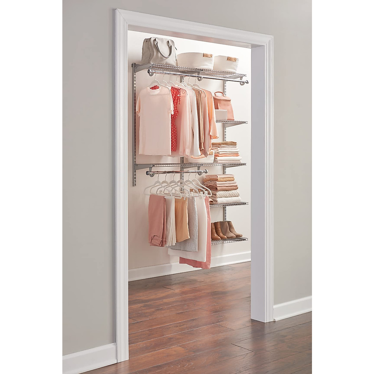 Rubbermaid Configurations Deluxe Closet Kit, Titanium, 4-8 Ft., Wire Shelving Kit with Expandable Shelving and Telescoping Rods, Custom Closet Organization  System, Easy Installation