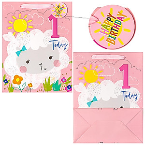 LeZakaa 1st Birthday Gift Bag, 13" Pink Glitter Gift Bag with Tissue Paper, Gift Tag and Card - Little Sheep Design for Girl, Kids, Child Birthday