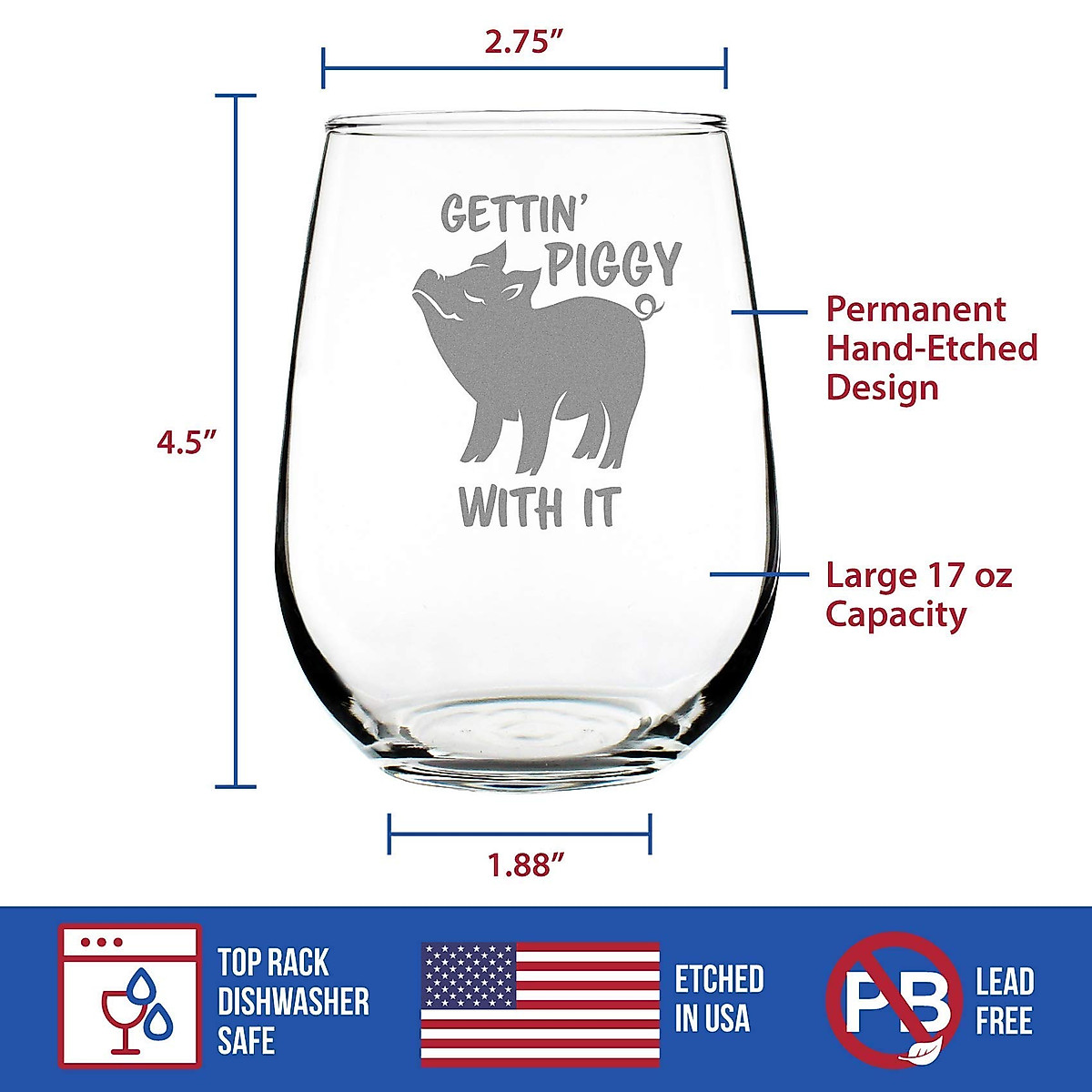 Gettin' Piggy With It - Stemless Wine Glass - Pig Decor Gifts for Lovers of Swine and Wine - Large 17 Ounce