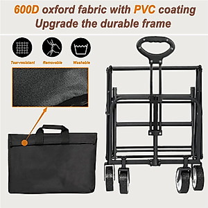 Collapsible Folding Outdoor Utility Wagon, Beach Wagon Cart with All Terrain Wheels & Drink Holders, Portable Sports Wagon for Camping, Shopping, Garden and Beach (Black/1 Year Warrant)