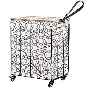 TECHMILLY Rolling Laundry Basket with Lockable Wheels, Large Laundry Hamper with Wood Lid, Metal Laundry Basket Organizer with Detachable Liner, Collapsible Clothes Hamper with Rope Handle, White