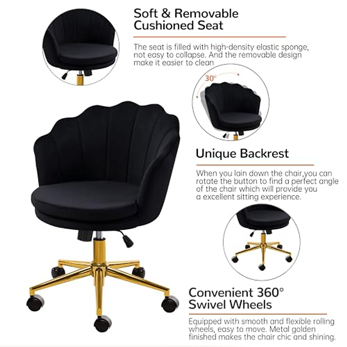Furniliving Home Office Chair Velvet Desk Chair, Upholstered Modern 360°Swivel Chair with Shell-Shaped Back, Rolling Wheels for Office, Study, Vanity, Bedroom(Black)