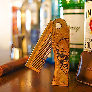 Menesia Men's Pocket Comb,Folding Wooden Beard Comb with Leather Travel Case,Green Sandalwood Hair Combs Set for Men(Skeleton)