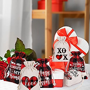 Whaline 24 Pack Valentine's Day Burlap Gift Bags 6 Designs Red Black Buffalo Plaid Drawstring Bags Rustic Style Linen Pouches Sacks for Wedding Bridal Shower Party Favors Supplies, 4 x 6 Inch