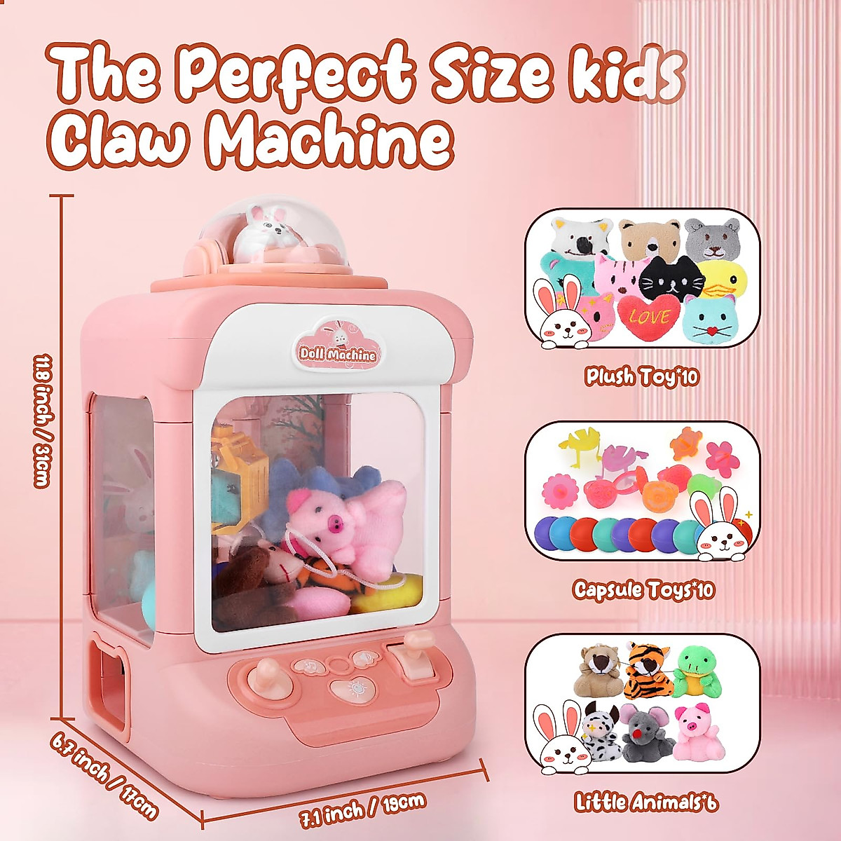 Syahro Mini Claw Machine with Music, Containing Plastic Toys, Gashapons, Dispenser & Plush Toys, Funny Game and Gift for Party, Mini Candy Vending Machine for Girls and Boys Ages 3-6, 4-8