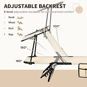 Outsunny Folding Chaise Lounge Pool Lounge Chairs Set of 2, Outdoor Sun Tanning Chairs with Canopy Shade, Reclining Back, Steel Frame and Side Pocket for Beach, Yard, Patio, Tan