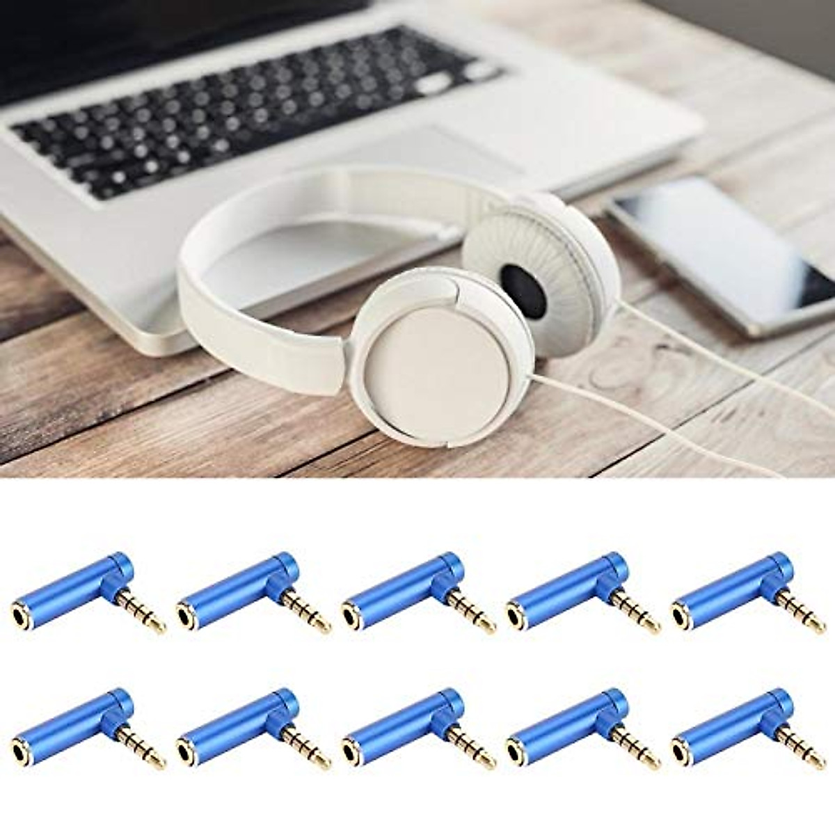 Acogedor 10 PCS 3.5mm Male to Female Audio Adapter, 90 Degree Right Angle Adapter, Support Headset with Microphone, for Mobile Phones, Tablets, Laptops(Blue)
