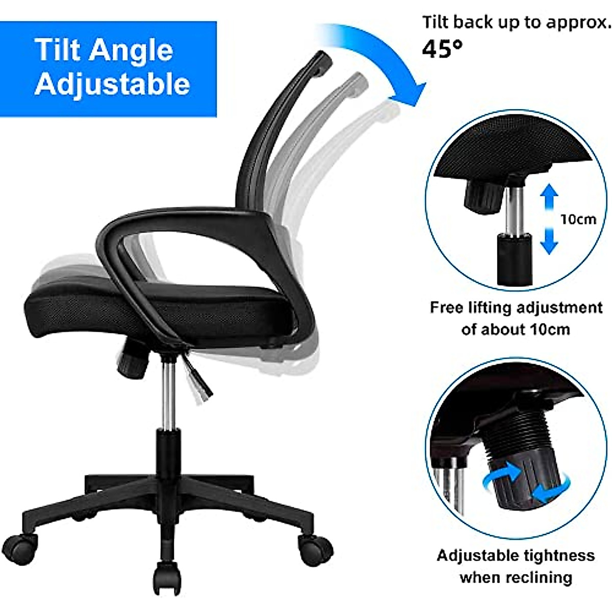 YKCUL 2 pcs Home Office Desk Chairs for Bedroom Office Swivel Chair Ergonomic Desk Chair with Arms Mesh Computer Desk Chairs for Adults Adjustable Mid Back Task Chair with Lumbar Support, Black