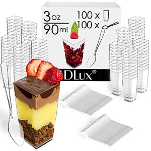 DLux 100 x 3 oz Mini Dessert Cups with Spoons, Square Tall - Clear Plastic Parfait Appetizer Cup - Small Reusable Serving Bowl for Party Desserts Appetizers - With Recipe Ebook