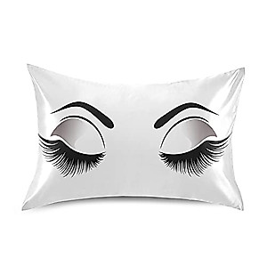 xigua Silk Satin Pillowcase for Hair and Skin,Black Fluffy Eyelashes with Closed Eyes Slip Pillow Cases,Satin Cooling Pillow Covers with Envelope Closure Queen Size 20x30 in