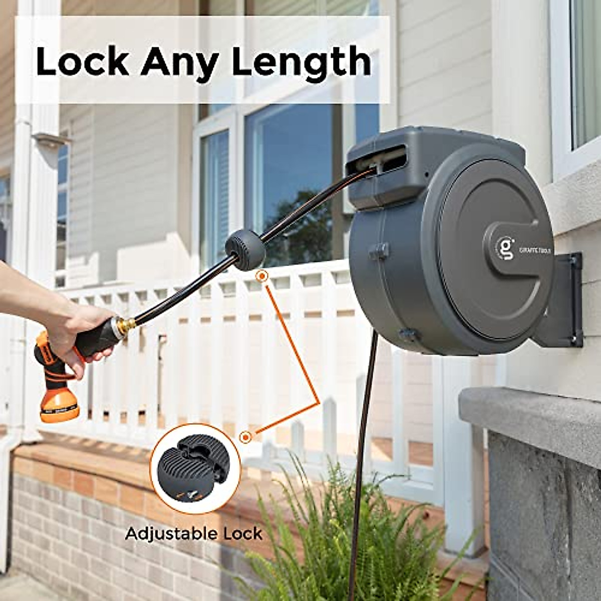 Giraffe Tools AW30 Garden Hose Reel Retractable 100ft x 1/2" with 9 Pattern Nozzle Wall Mounted Auto Rewind Hose Reel, 100ft, Dark Grey