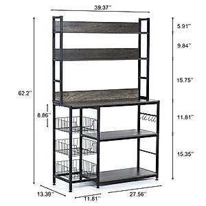 NAIYUFA Kitchen Bakers Rack with Baskets,5-Tier Kitchen Utility Storage Shelf with Hooks, Microwave Oven Stand Rack, Free Standing Kitchen Shelf Vintage Grey