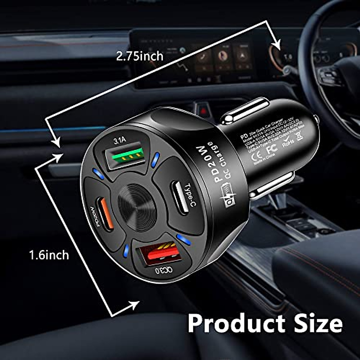 Car Charger Adapter,4 Ports USB Fast Car Charger QC3.0/PD20W/Type-c/2.1A, Smart Shunt Car Phone Charger Compatible iPhone 14 13 12 Pro Max/All Smart Phones (Black)