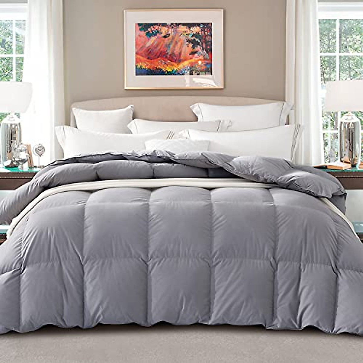 Amazon Brand - Pinzon All-Season Ultra Soft Down Comforter Duvet Insert, 100% Cotton, Medium Warmth For All Season- Grey, King