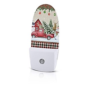Christmas Tree Truck Night Light, LED Plug in Night Light, Red Green Plaid Xmas Snowflake Elk Wood Night Lights with Dusk to Dawn Sensor Decorative Kids/Adults Nightlight for Bedroom Bathroom