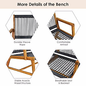 Tangkula 2-Person Patio Acacia Wood Bench Loveseat Chair, Outdoor Patio Bench Acacia Wood Bench in Teak Oil Finish, Patio Loveseat Rope Bench for Balcony Deck Poolside Porch (Grey)