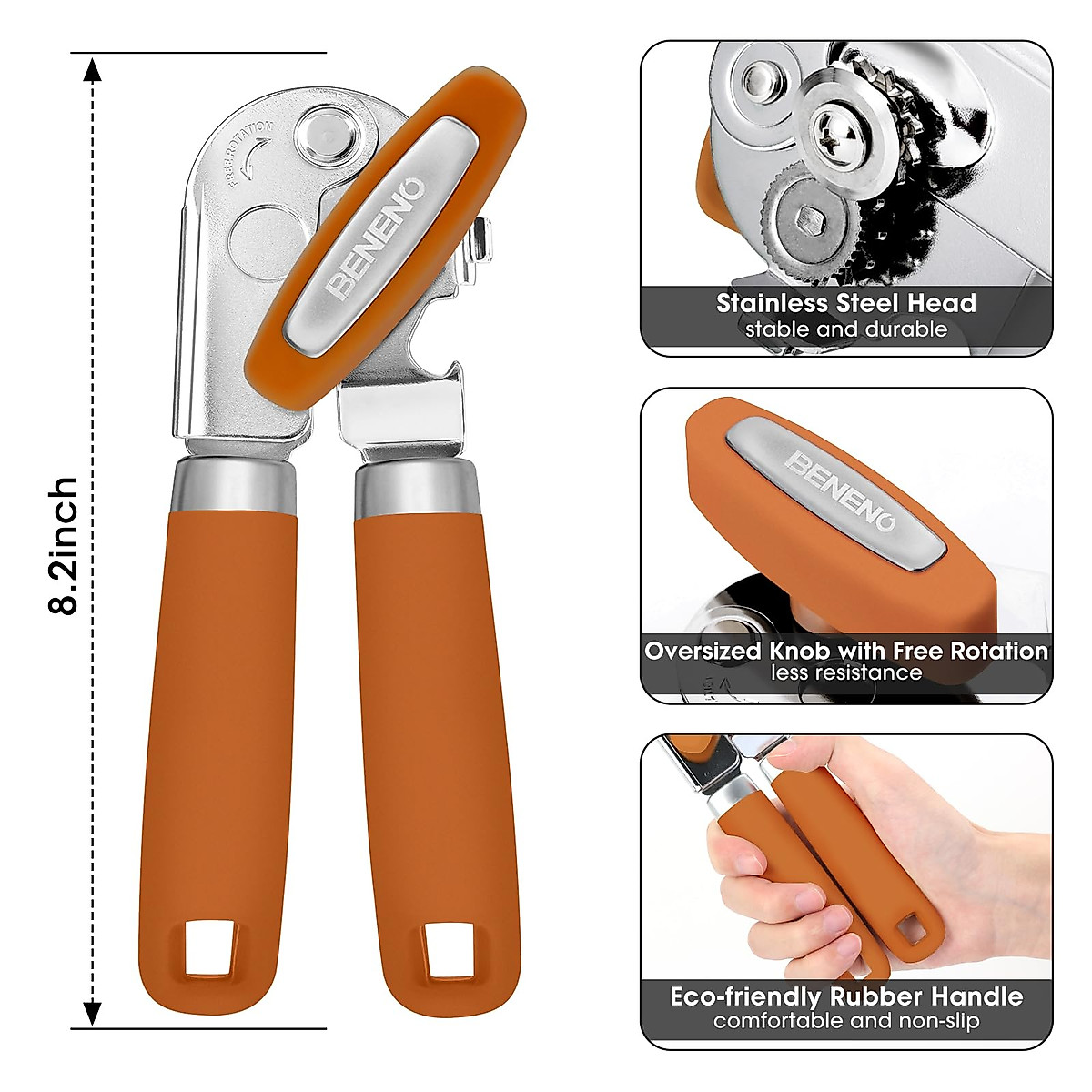 Can Opener Manual, Can Opener with Magnet, Hand Can Opener with Sharp Blade Smooth Edge, Handheld Can Openers with Big Effort-Saving Knob, Can Opener with Multifunctional Bottles Opener, Orange