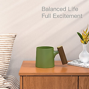 DHPO Artisan Series Matte Ceramic Coffee Mug Tea Cup T Shape with Large Beautiful Wooden Handle and Lid for Office and Home, 15oz, Green