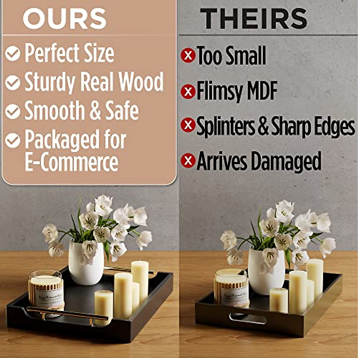 Black Coffee Table Tray 16.5" x 12" - Real Wood Ottoman Tray for Living Room - Serving Tray with Handles - Decorative Trays for Coffee Table - Decorative Tray for Ottoman - Black Tray for Coffee Table