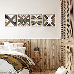 Qunclay 4 Pieces Wood Wall Art Wooden Aztec Wall Decor Boho Western Wall Decor Diamond Sign Farmhouse Home Wall Art Prints on Wood for Apartment Bedroom Living Room, 11.8 x 11.8 Inches