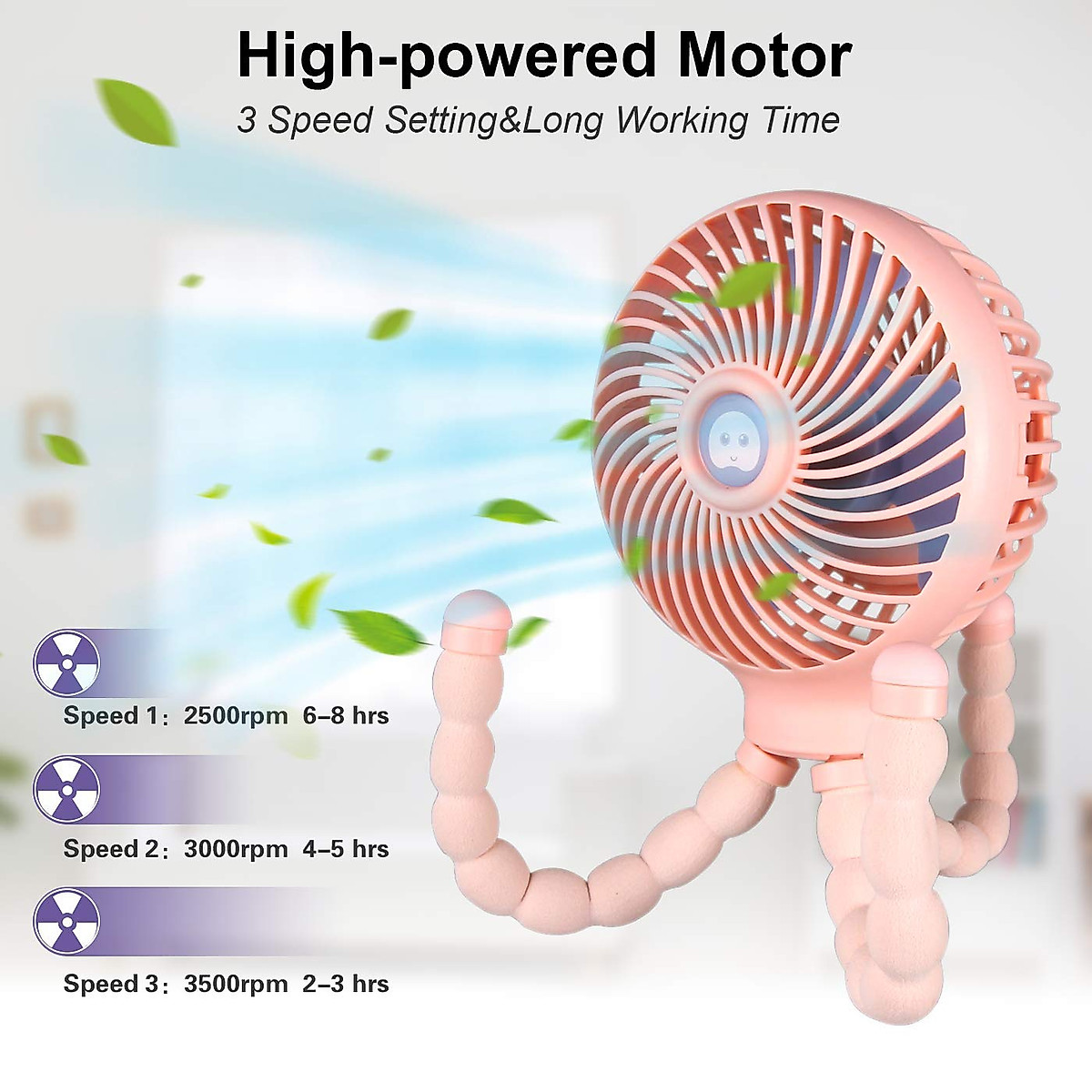 Leipple Mini Handheld Stroller Fan,Personal Portable Clip-on Desk Fan with Flexible Tripod,Rechargeable USB Fan Adjustable 3 Speeds for Camping Car Seat Crib Bike Treadmill Gym (Pink)