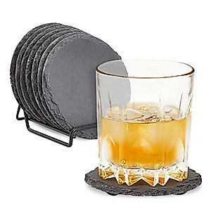 8 Pack Slate Drink Coasters with Holder for Coffee Table, Bar, Kitchen (Black Stone, 3.8 in)
