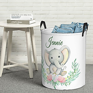 Puurbol Custom Cute Baby Elephant Laundry Hamper with Name Personalized Storage Bin Laundry Baskets For Bathroom