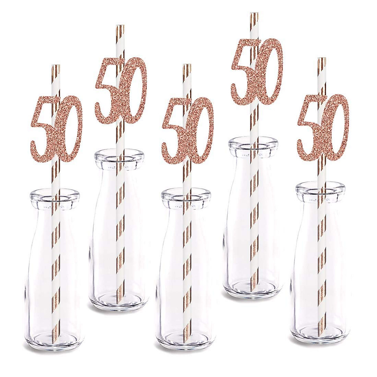 Rose Happy 50th Birthday Straw Decor, Rose Gold Glitter 24pcs Cut-Out Number 50 Party Drinking Decorative Straws, Supplies
