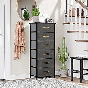 Crestlive Products Vertical Dresser Storage Tower - Sturdy Steel Frame, Wood Top, Easy Pull Fabric Bins, Wood Handles - Organizer Unit for Bedroom, Hallway, Entryway, Closets - 6 Drawers (Gray)