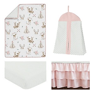 Sweet Jojo Designs Blush Pink, Mint Green and White Boho Watercolor Woodland Deer Floral Baby Girl Crib Bedding Set - 4 Pieces