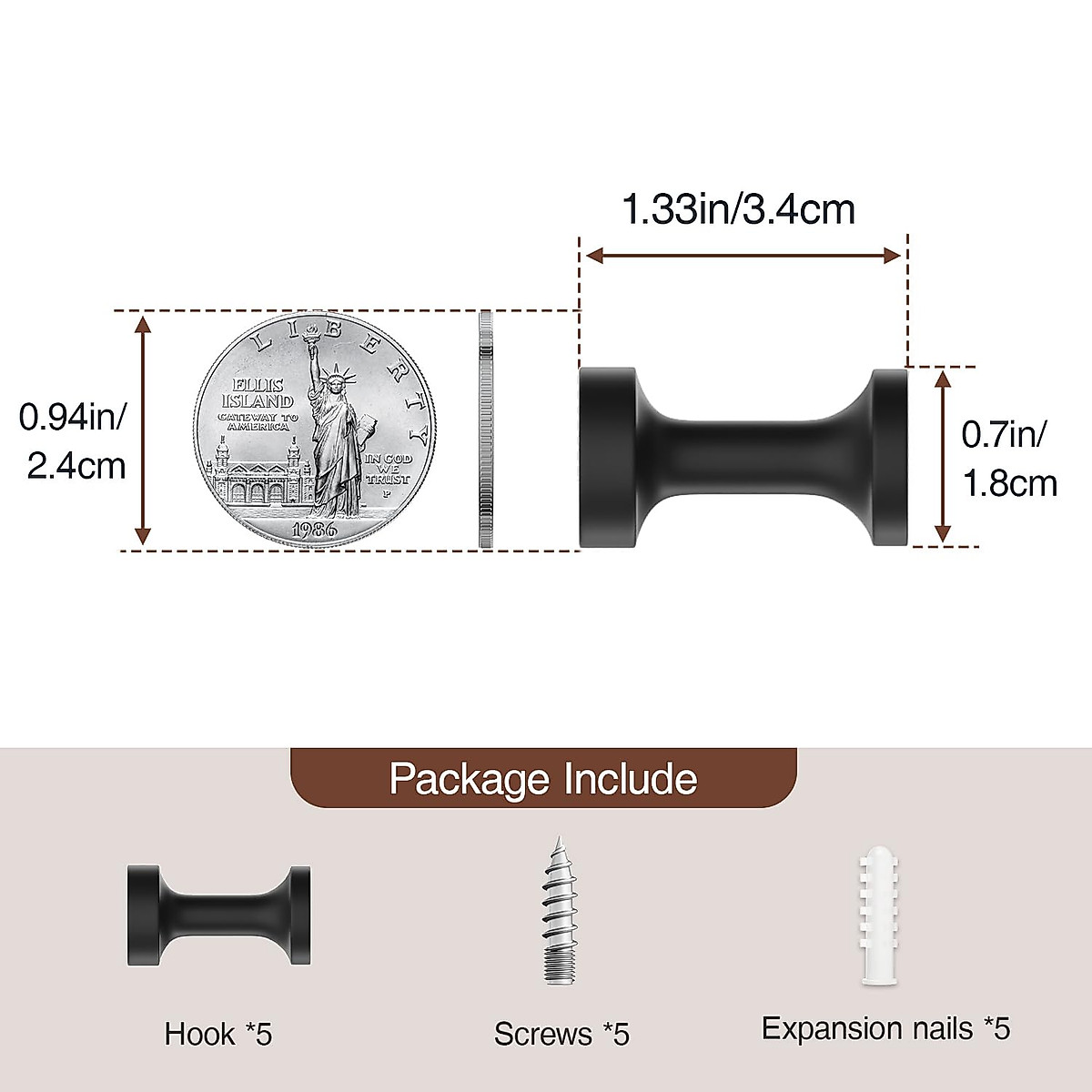 Wall Hook for Hanging - 10LB Decorative Small Hook 0.8" Dia, for Coat, Loofah, Robe, Hat, Key, for Bathroom, Inside Shower, Shelf, Black Matte 5 Pack, Screws Included