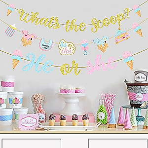 What's The Scoop Decoration Set - Gold Glitter What's The Scoop Banner, He or She Banner Garland and 8 Pieces Ice Creme Garland for Ice Cream Theme Gender Reveal Party Decorations