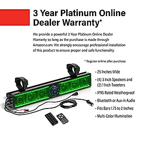 BOSS Audio Systems BRT25SLR ATV UTV Sound Bar Speaker System - 25 Inches Wide, IPX5 Rated Weatherproof, Bluetooth Audio, Amplified, 3 inch Speakers, 1 Inch Tweeters, USB Port, Multicolor Illumination