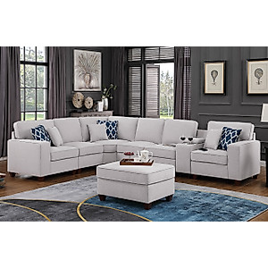 YOPTO Linen Upholstered Sectional Sofa with Removable Ottoman,U-Shape 6 Seat SectionalCouch W/Cupholder Console Part and USB Port for Living Room,Apartment, Spacious Space,Light Gray