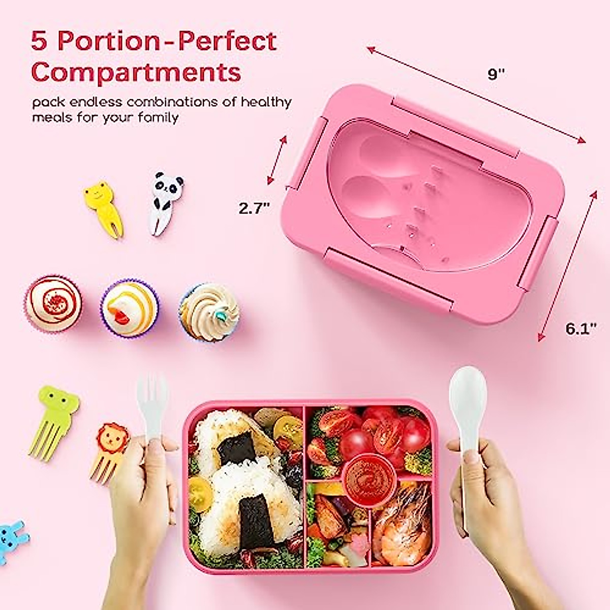 Lunch Box Kids, Bento Box, 1350ML Bento Lunch Box for Kids, Lunch Containers with 5 Compartments Utensils Food Picks Cake Cups, Leak-proof Bento Box Adult Lunch Box for Boys Girls Toddler, Pink