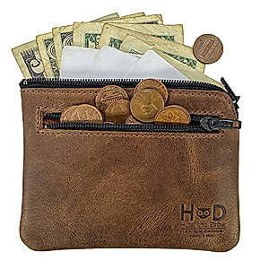 Hide & Drink, Zippered Pouch Handmade from Full Grain Leather, Compact Bag for Coins, Small Personal Items, Cash & Card Holder - Bourbon Brown