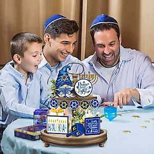 10 Pieces Happy Hanukkah Tiered Tray Decor-Hanukkah Wood Signs Decor with Star of David, Hanukkah Gnome, Mini Menorah, Hanukkah Party Wooden Decor for Hanukkah Farmhouse Home Table Decor