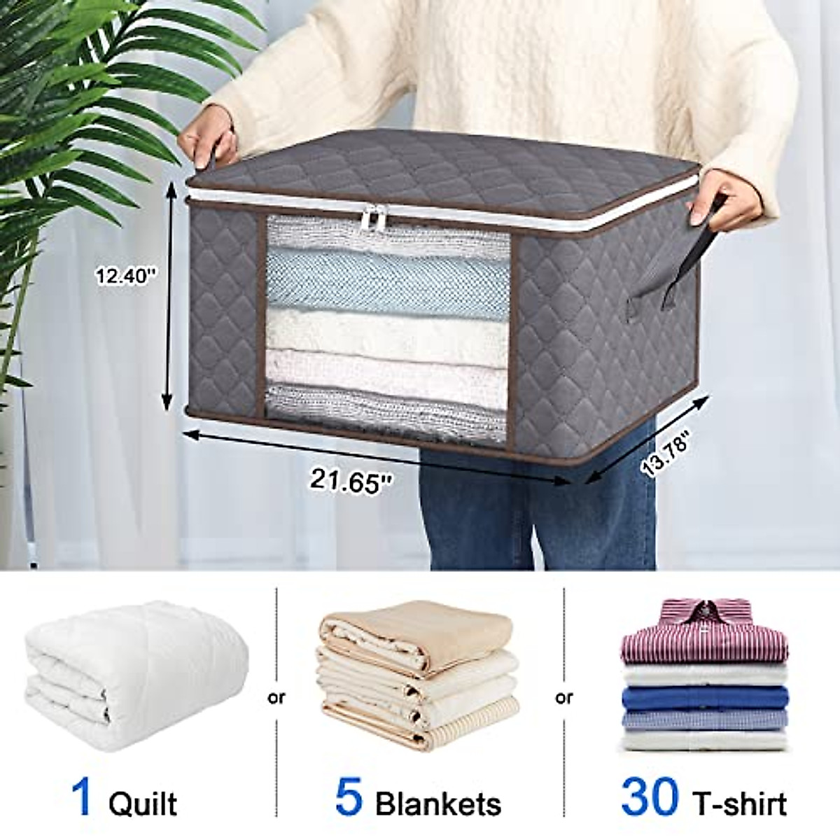 Fixwal 6 Pack Clothes Storage Organizers Foldable Clothing Storage Bags with Reinforced Handles Sturdy Zippers Storage Containers for Organizing Blanket Bedroom Closet Dorm Sweater, 60L, Gray