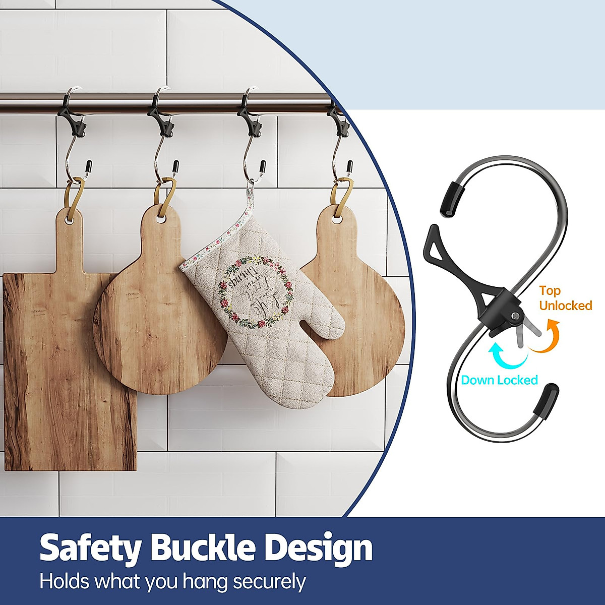 ACMETOP 12 Pack S Hooks for Hanging, S Hooks Stainless Steel with Safety Buckle, Metal Hooks Fitting Diameter up to 1.26 Inch, Heavy Duty for Hanging Pots and Pans, Coffee Cups, Clothes, Plants