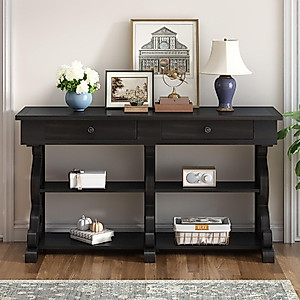 Retro Solid Wood Console Table with Ample Storage, Classic Sofa Table Sideboard Accent Entryway Table with 2 Drawers and Open Adjustable Shelves for Entrance Dinning Room Living Room (Antique Black)