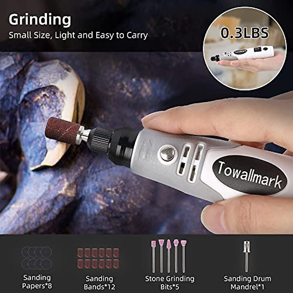 Rotary Tool Kit, Towallmark Cordless Rotary Tool 3.6V with 50 Accessories, USB Rechargeable, 3 Speed Mini Rotary Tool Multi-Purpose for Sanding, Polishing, Drilling, Engraving, DIY Small Projects