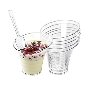 Cedilis 100 Pack 6oz Slanted Round Dessert Appetizer Tumbler Cups, Clear Plastic Dessert Cups with 100 Plastic Spoons, Slanted Cylinder Disposable Cups, Great for Event and Party