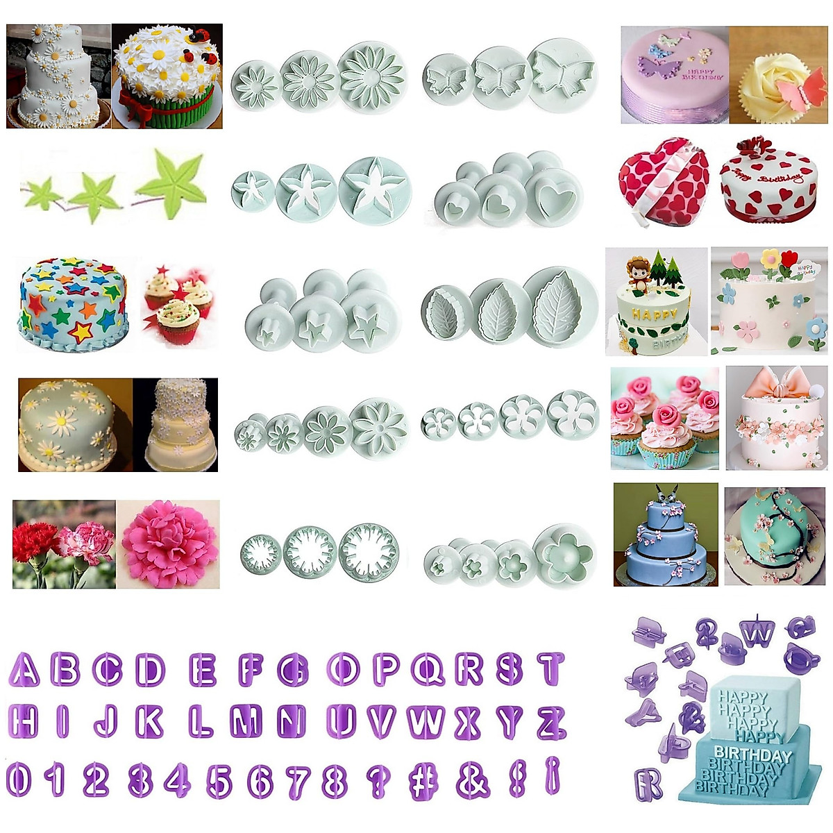 Flower Fondant Cutters,73Pcs Cake Cookie Cutter Plunger Sugarcraft Alphabet Letters Decorating Tools,Sunflower Rose Leaf Butterfly Heart Star Carnation Hollow Calyx Cutter Molds,Icing Modelling Kit