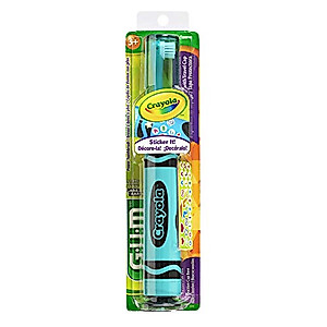 GUM Crayola Power Toothbrush for Kids, Extra Soft Bristled Toddler Toothbrushes, Travel Cap + Suction Cup Base, Batteries Included, 1ct